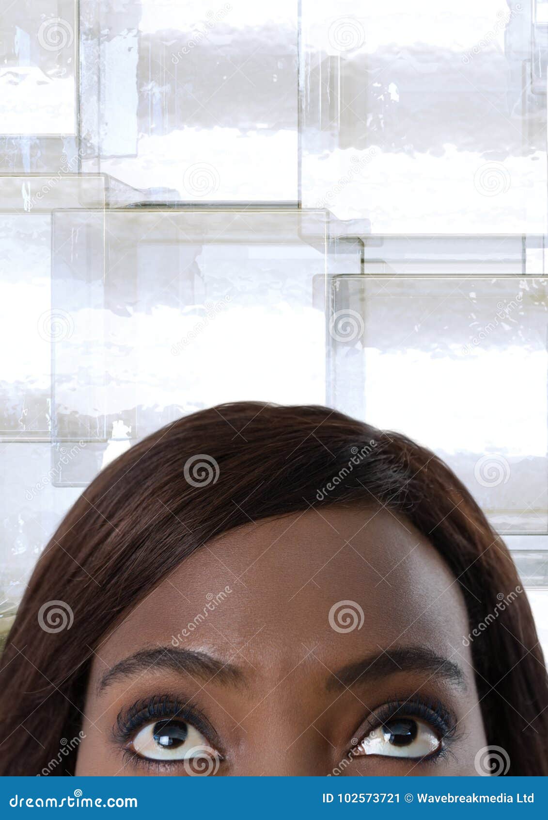 Woman Looking Up with Glass Cube Background Stock Image - Image of ...