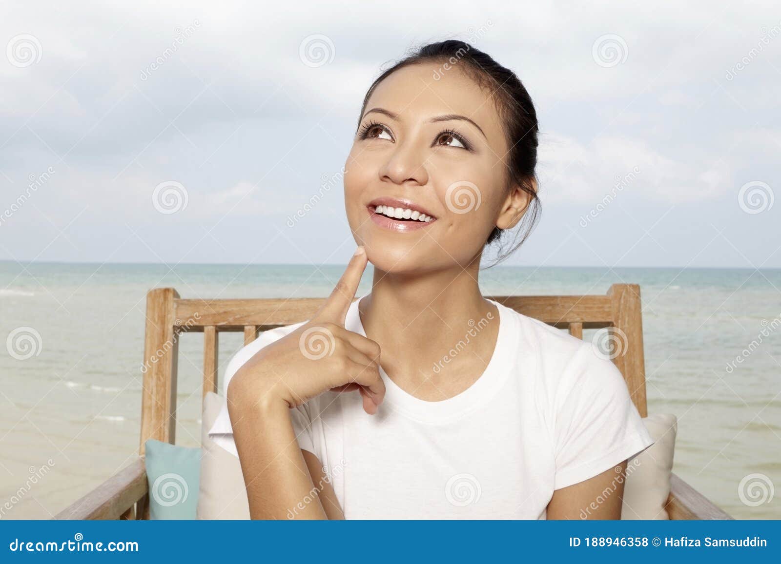 Woman Looking Up while Thinking Stock Photo - Image of head, activity ...