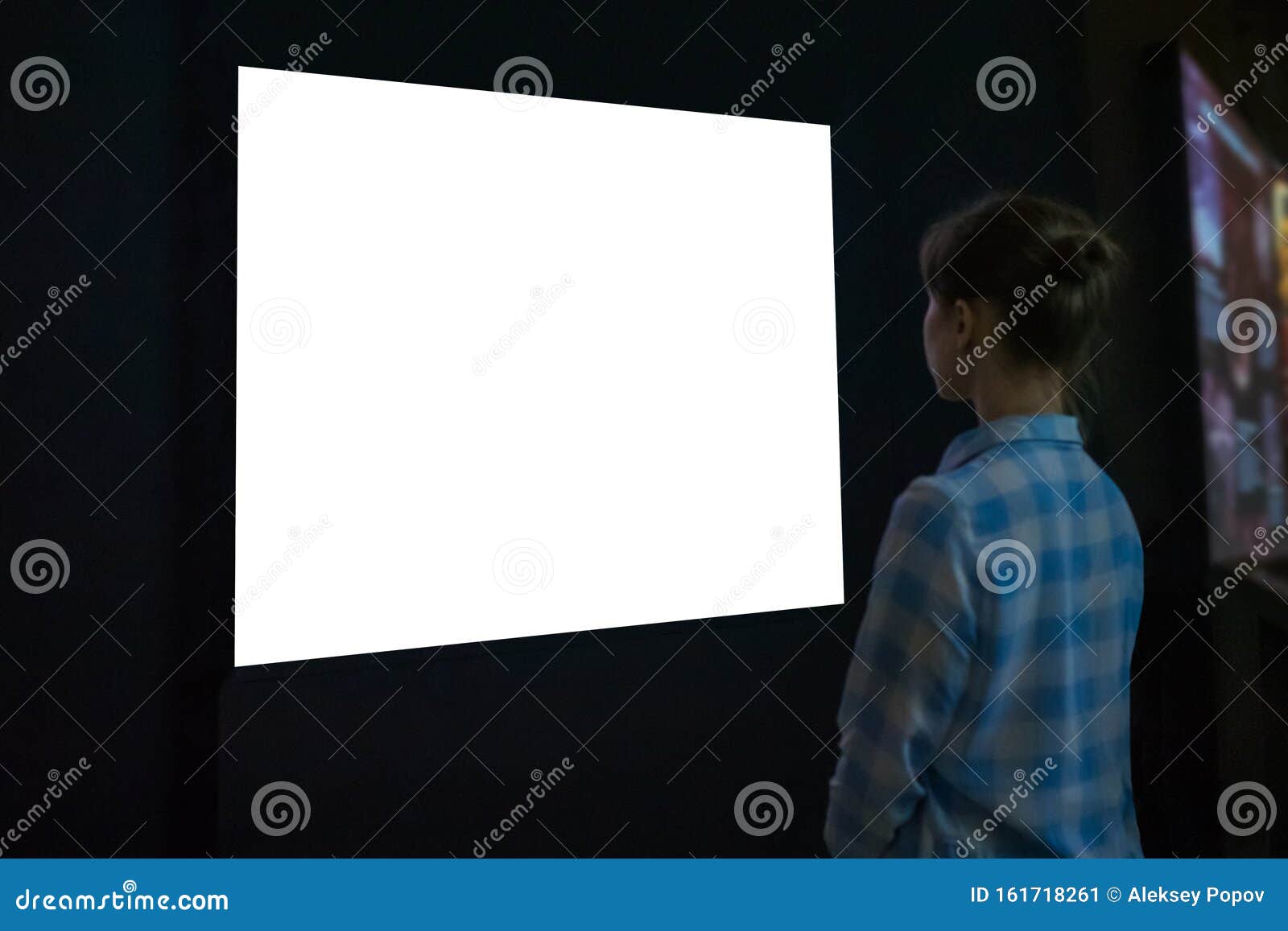 Woman Looking at White Empty Large Wall Display - Mockup Image Stock ...