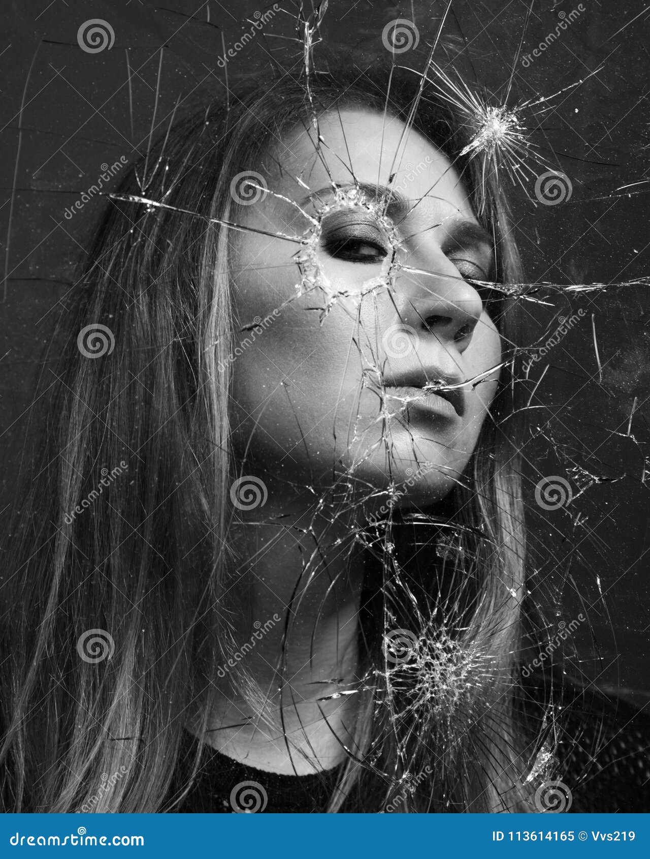 Woman Looks through Broken Glass. Black and White Stock Image - Image ...