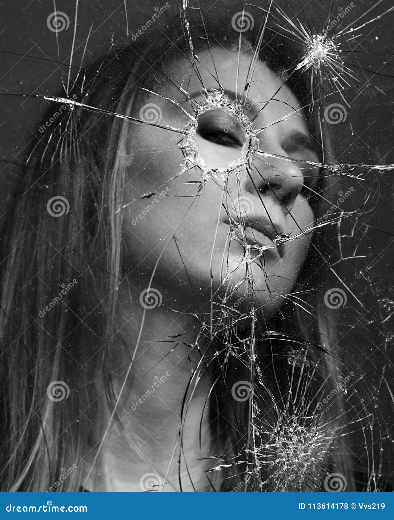 Woman Looks through Broken Glass. Black and White Stock Photo - Image ...