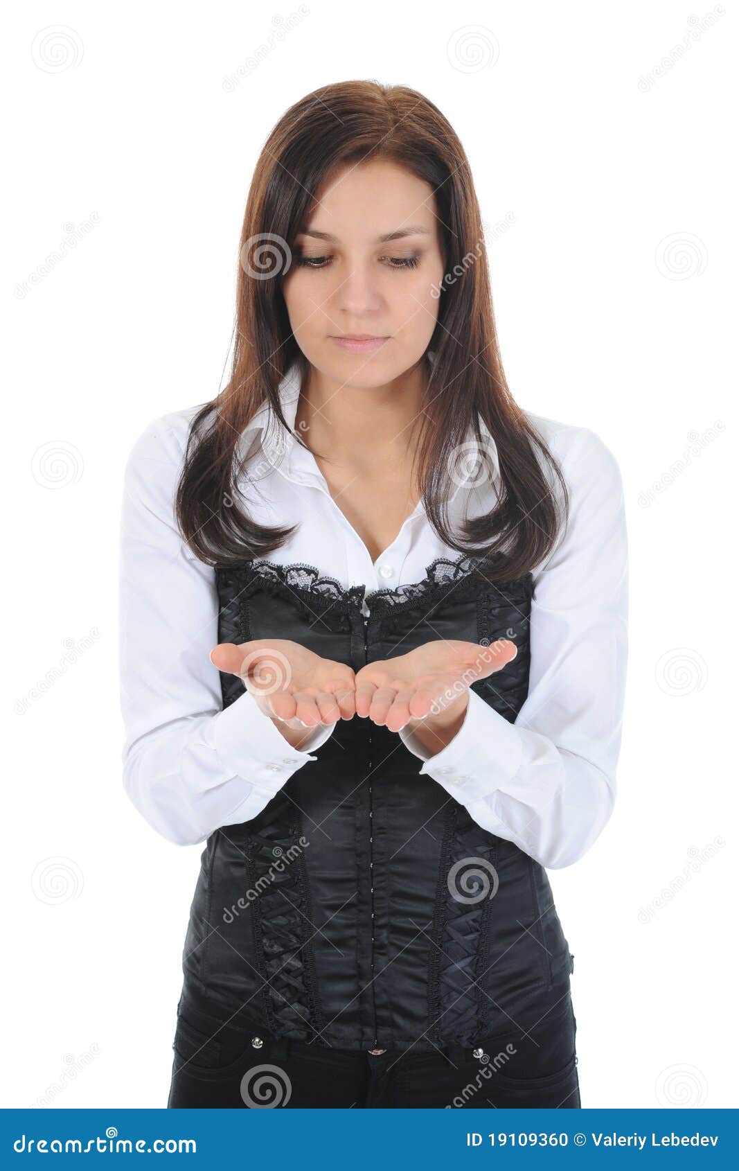 Woman Looks at Her Open Palm. Stock Photo - Image of bright, face: 19109360