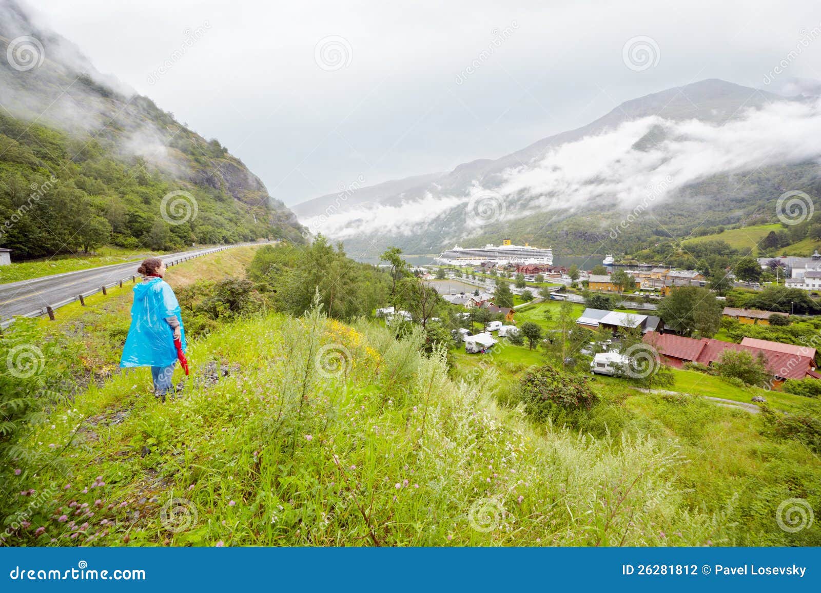 Woman Looks from Hill at Small Town. Stock Photo - Image of mountain ...