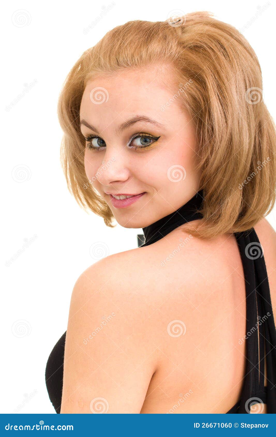Woman Looks Over Her Shoulder Stock Photo - Image of happiness, closeup ...