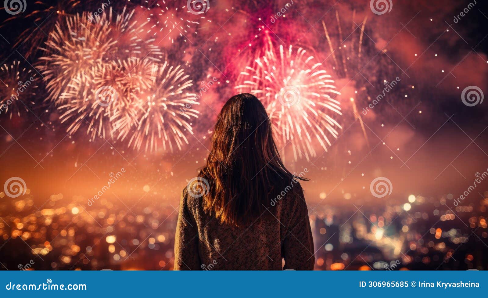 A Woman Looks Up Back at Fireworks, Stock Image - Image of explosion ...