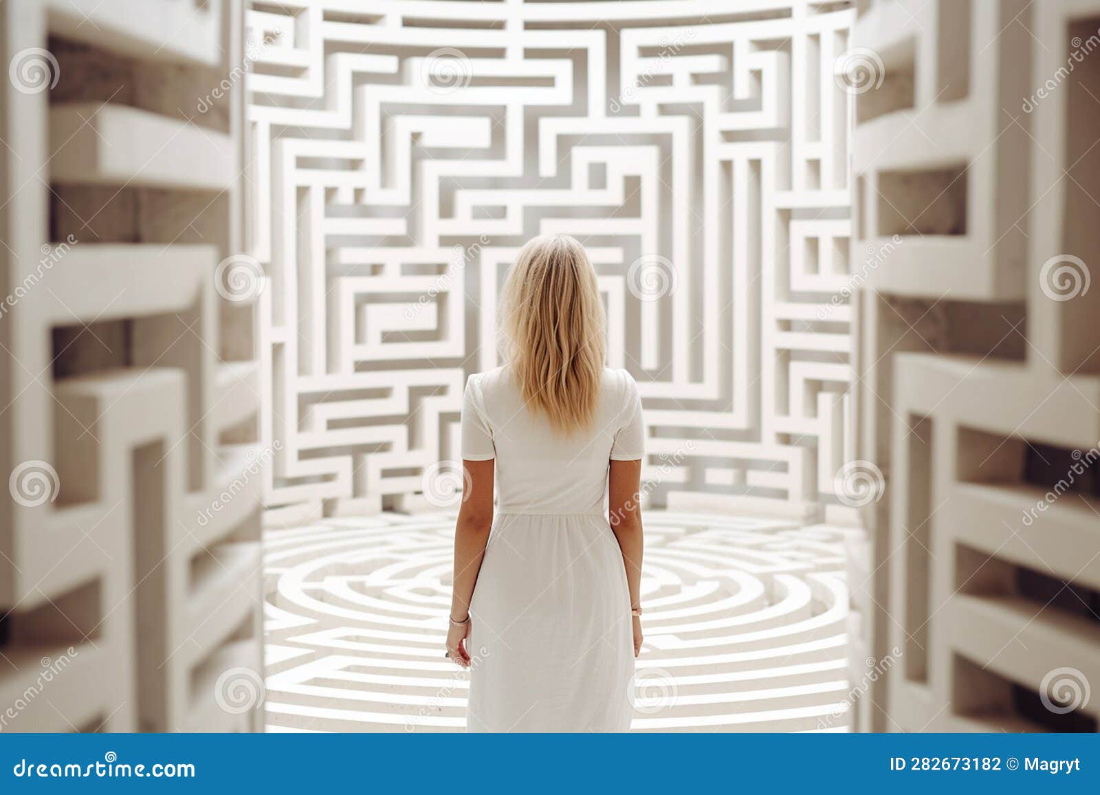 Woman Lost in Labyrinth. Troubled Woman Finding Way Out, Confused Mind ...