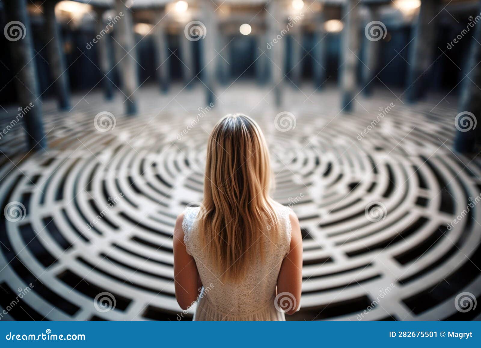Woman Lost in Labyrinth. Troubled Woman Finding Way Out, Confused Mind ...