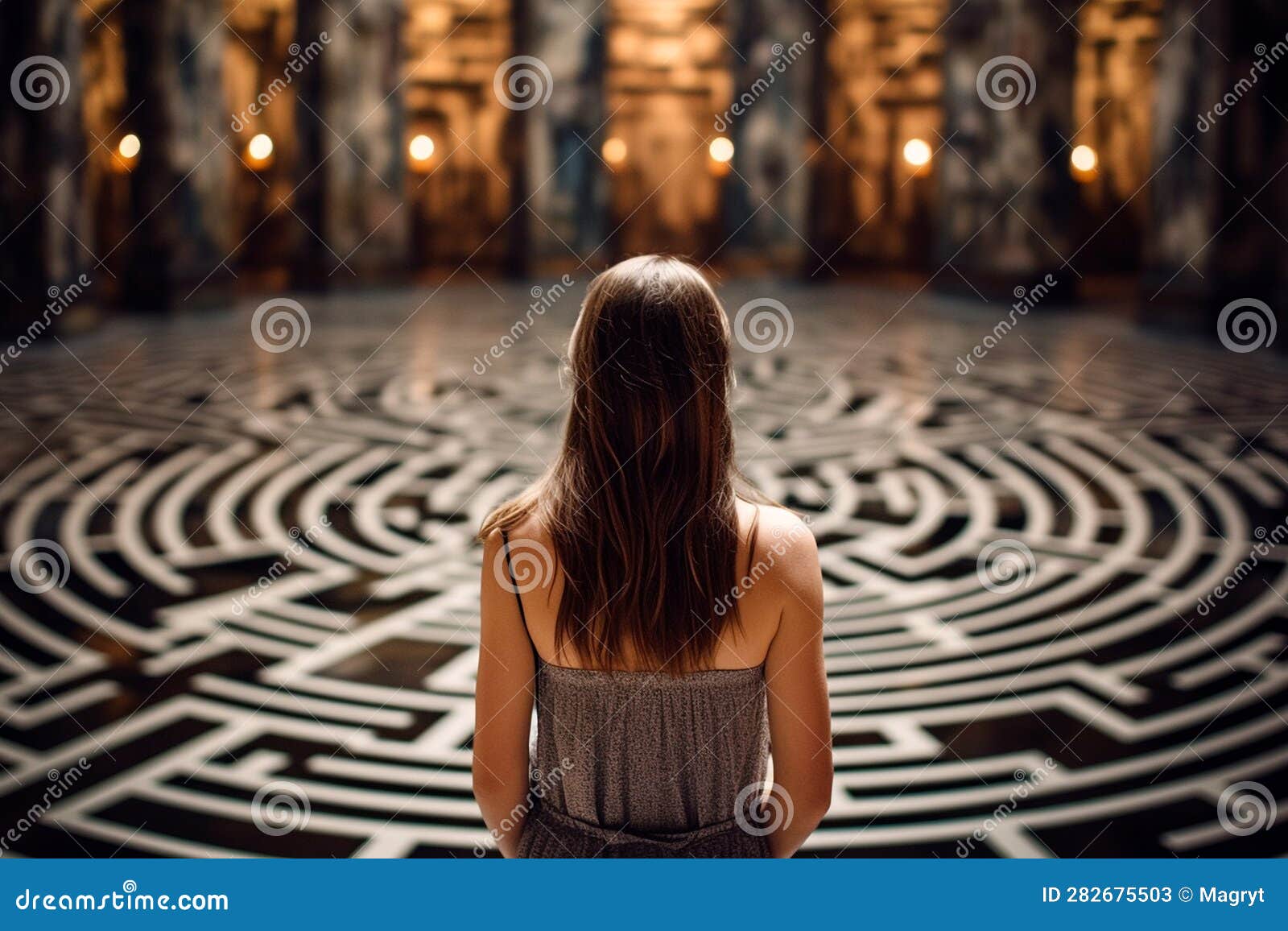 Woman Lost in Labyrinth. Troubled Woman Finding Way Out, Confused Mind ...