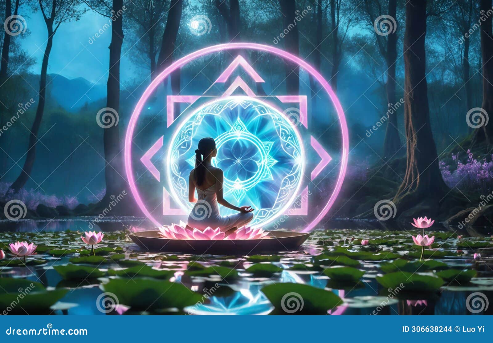Woman in Lotus Pose Practicing Meditation in Spring Forest in Magic ...
