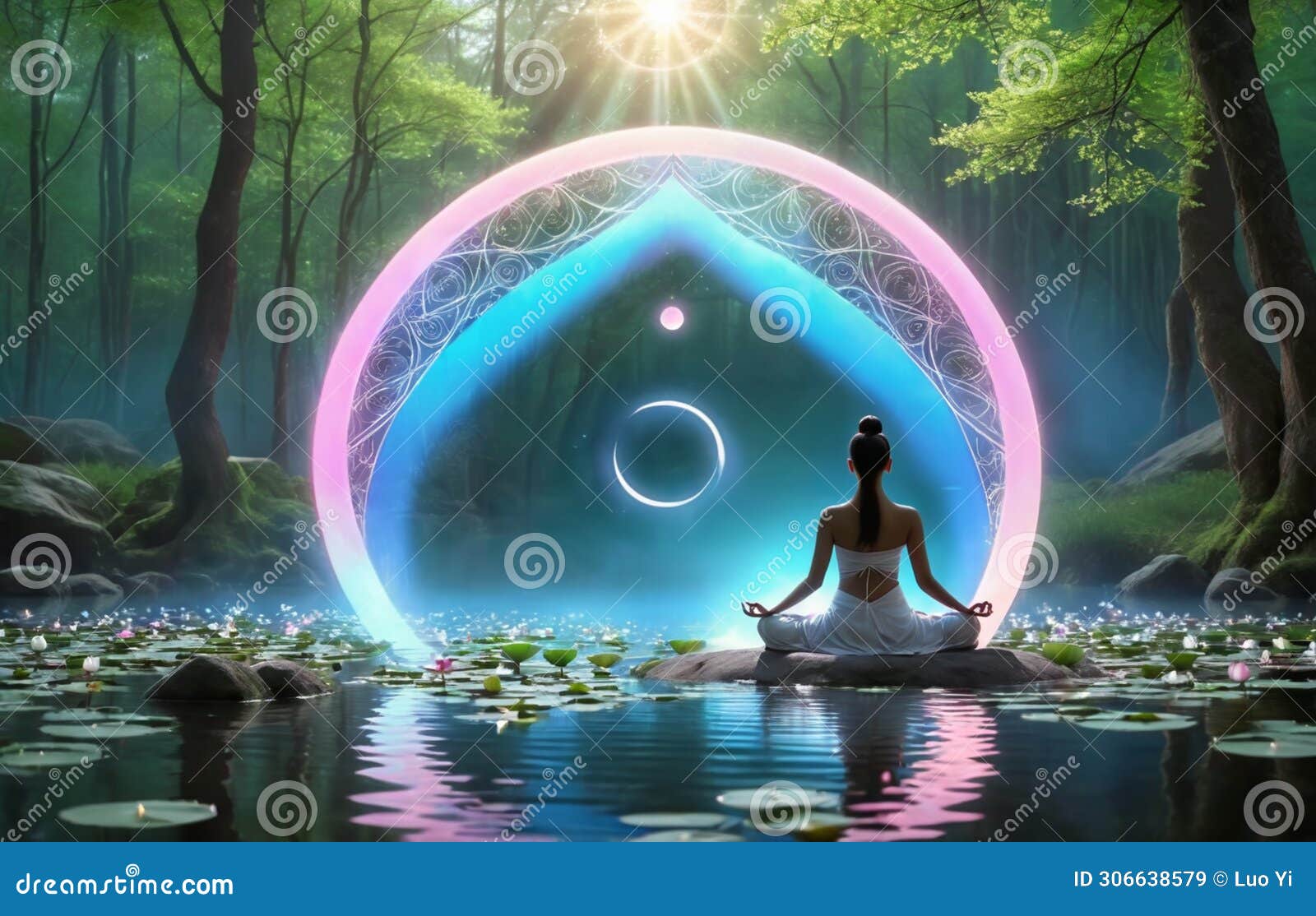 Woman in Lotus Pose Practicing Meditation in Spring Forest in Magic ...