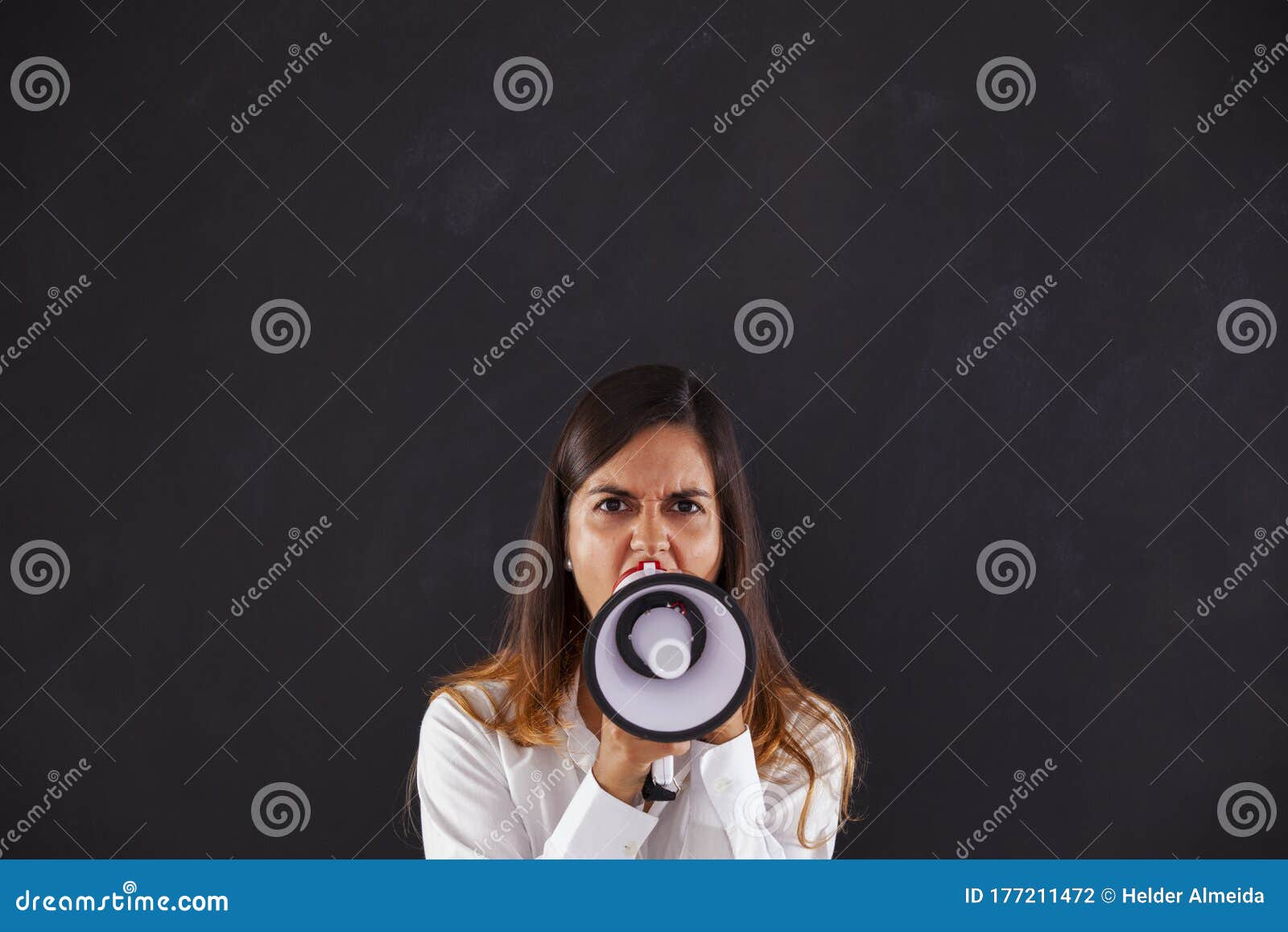 Woman with a loudspeaker stock photo. Image of loudspeaker - 177211472