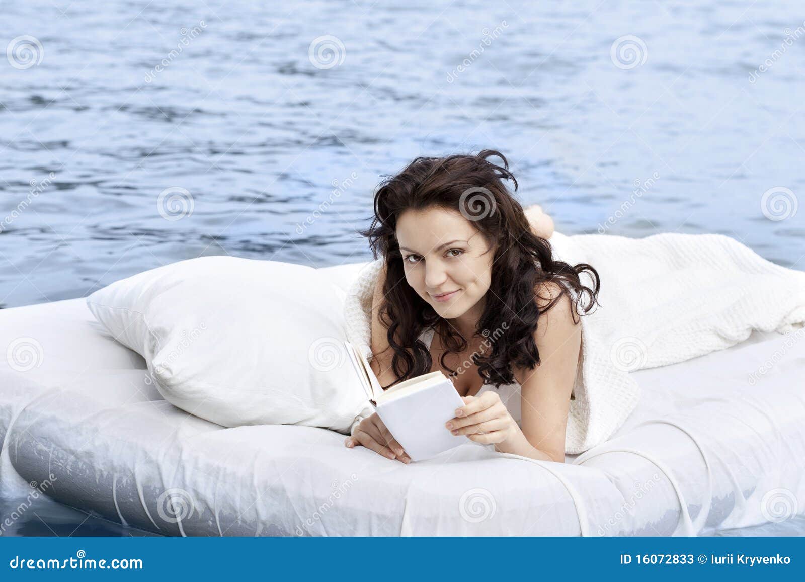 Woman Lying on the Bed in the Sea Stock Image - Image of happy, cute ...