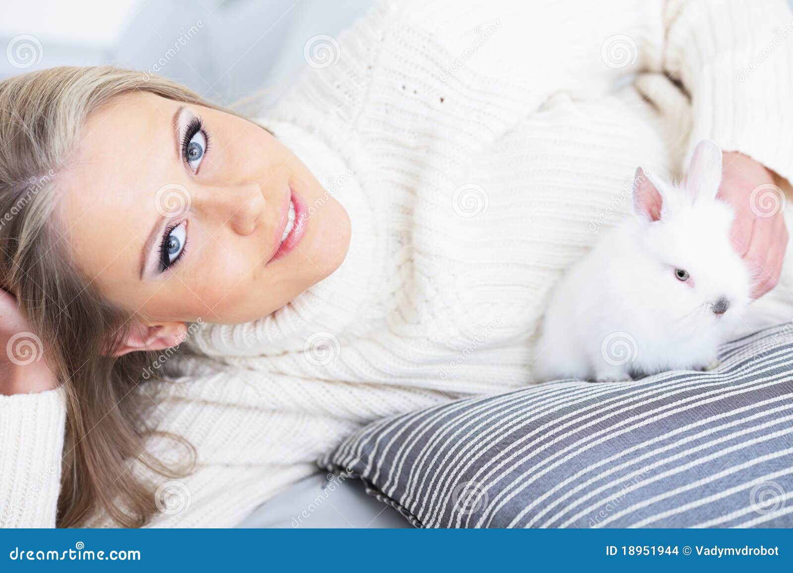 Woman Lying Down on Her Bed with Rabbit Stock Photo - Image of girl ...