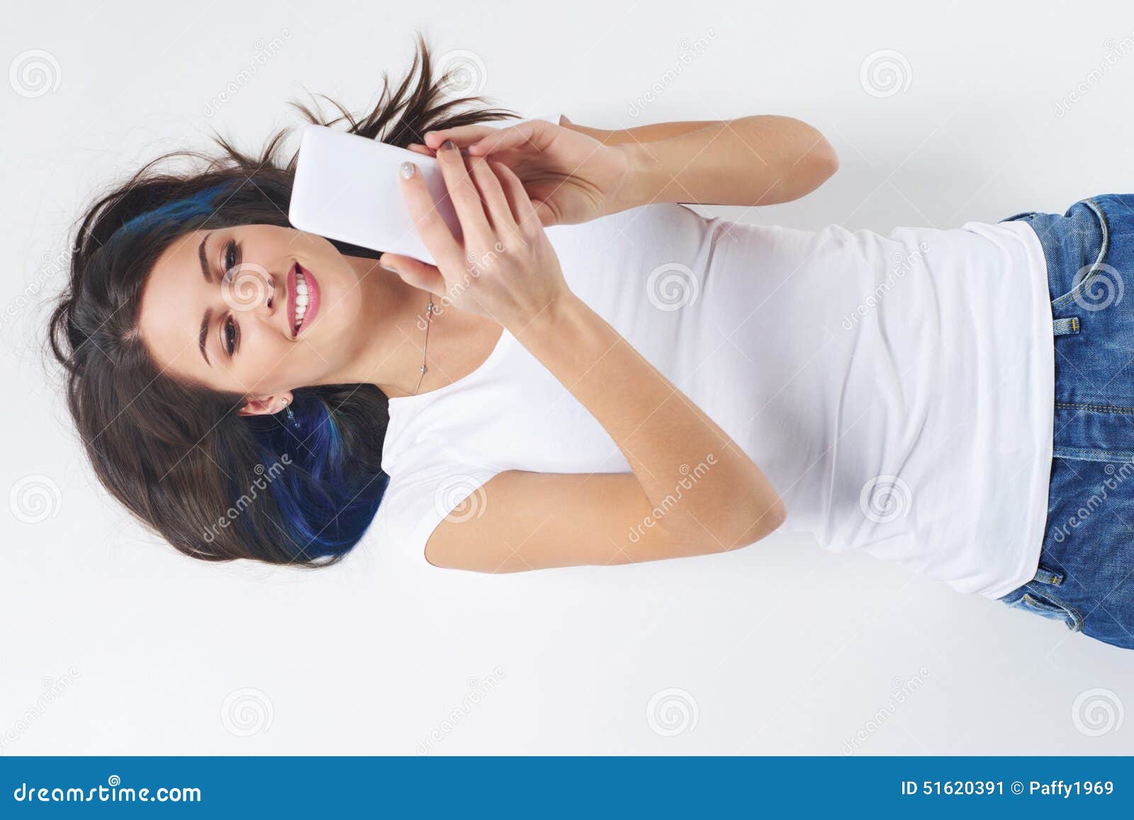 Woman Lying on Her Back and Using Phone Stock Image - Image of adult ...