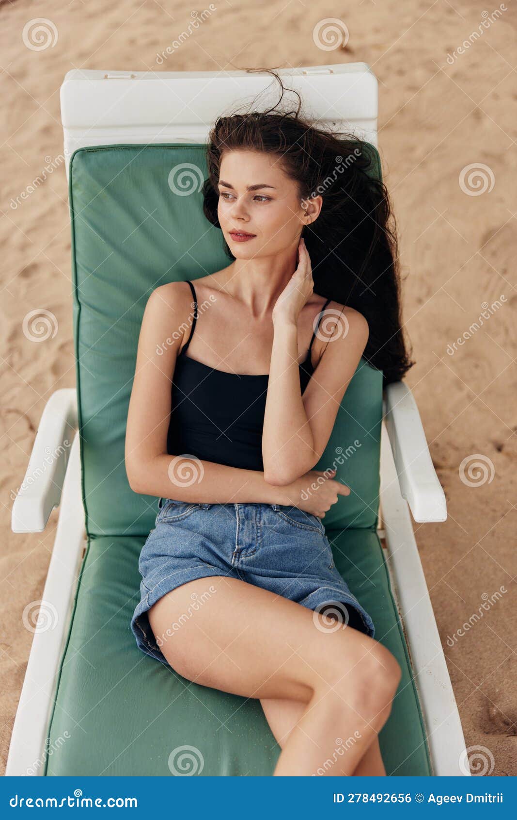 Woman Sunbed Lifestyle Smiling Ocean Sea Sand Lying Beach Water Resort