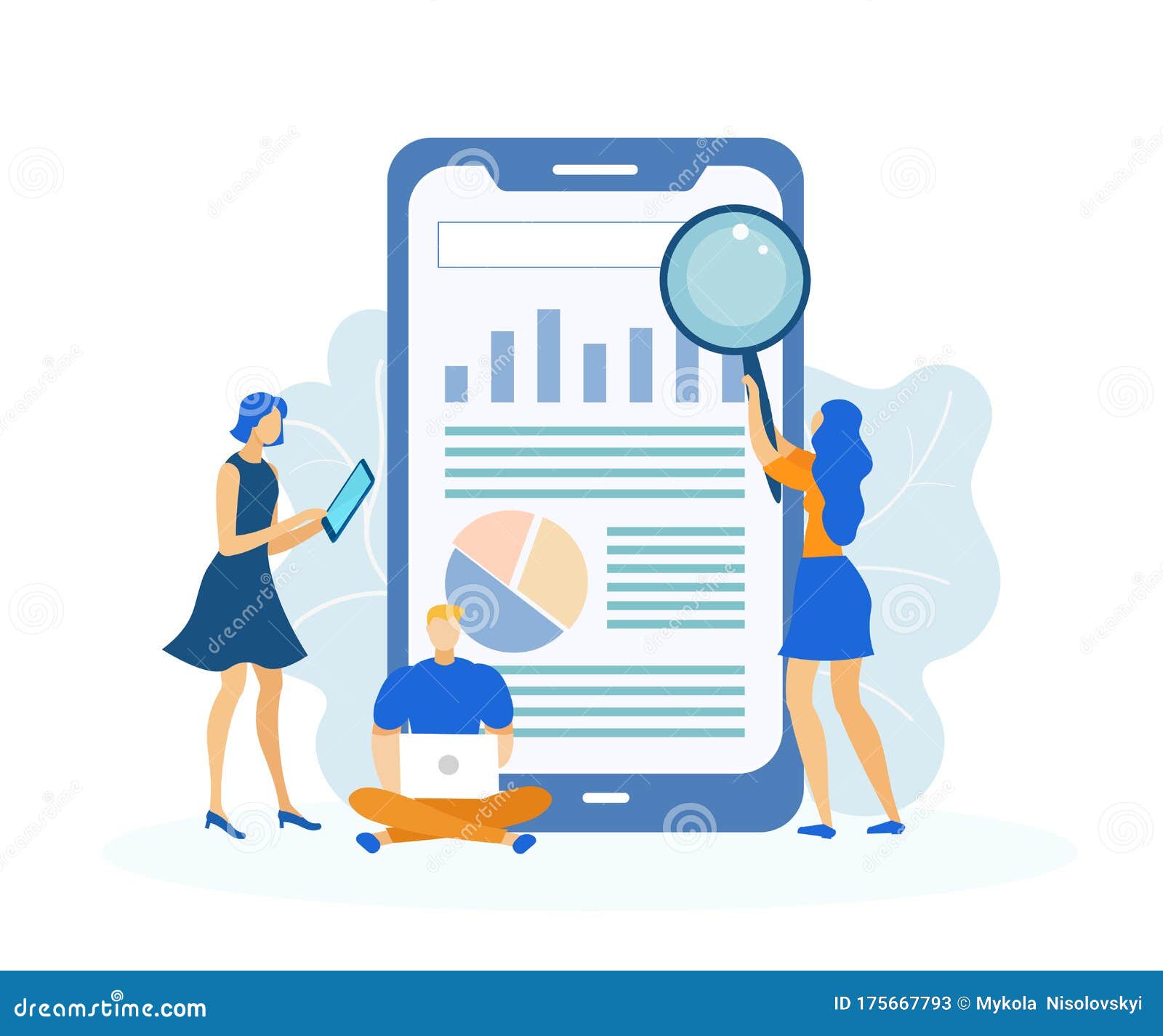 Woman with Magnifier Looking at Graph, Diagram. Stock Vector ...