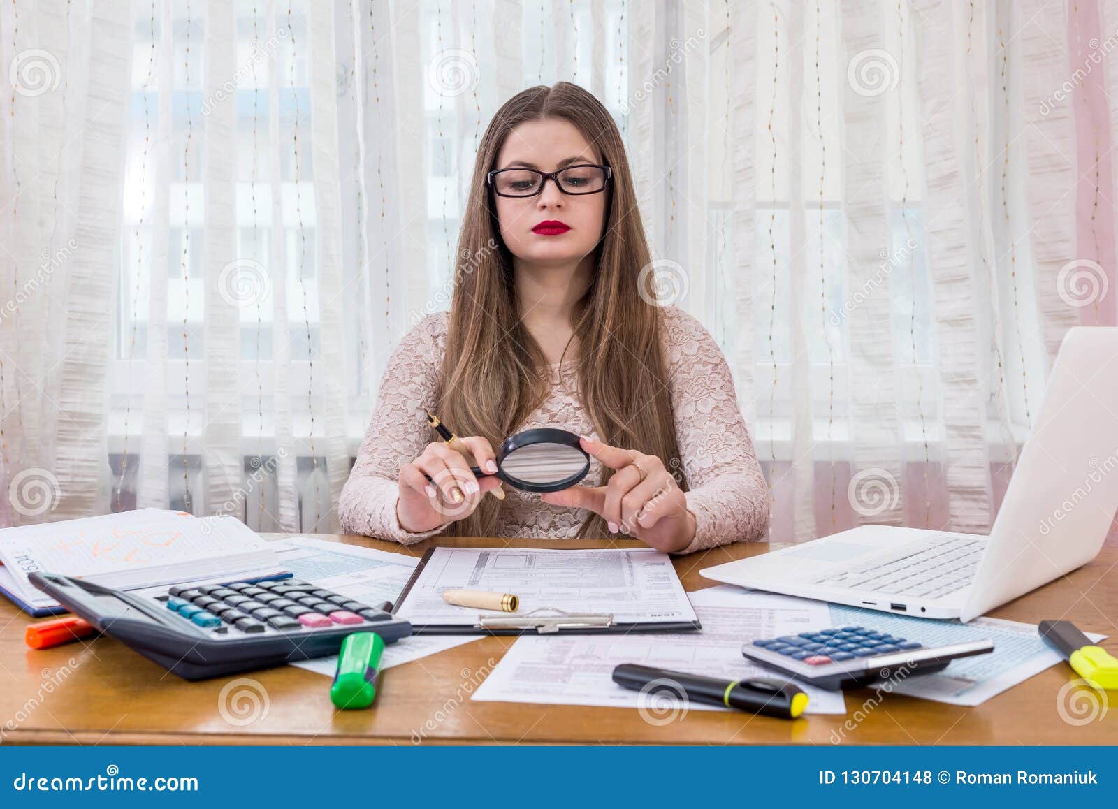 Woman Magnifying Glass Looking At Keyboard With Lock Royalty-Free Stock ...