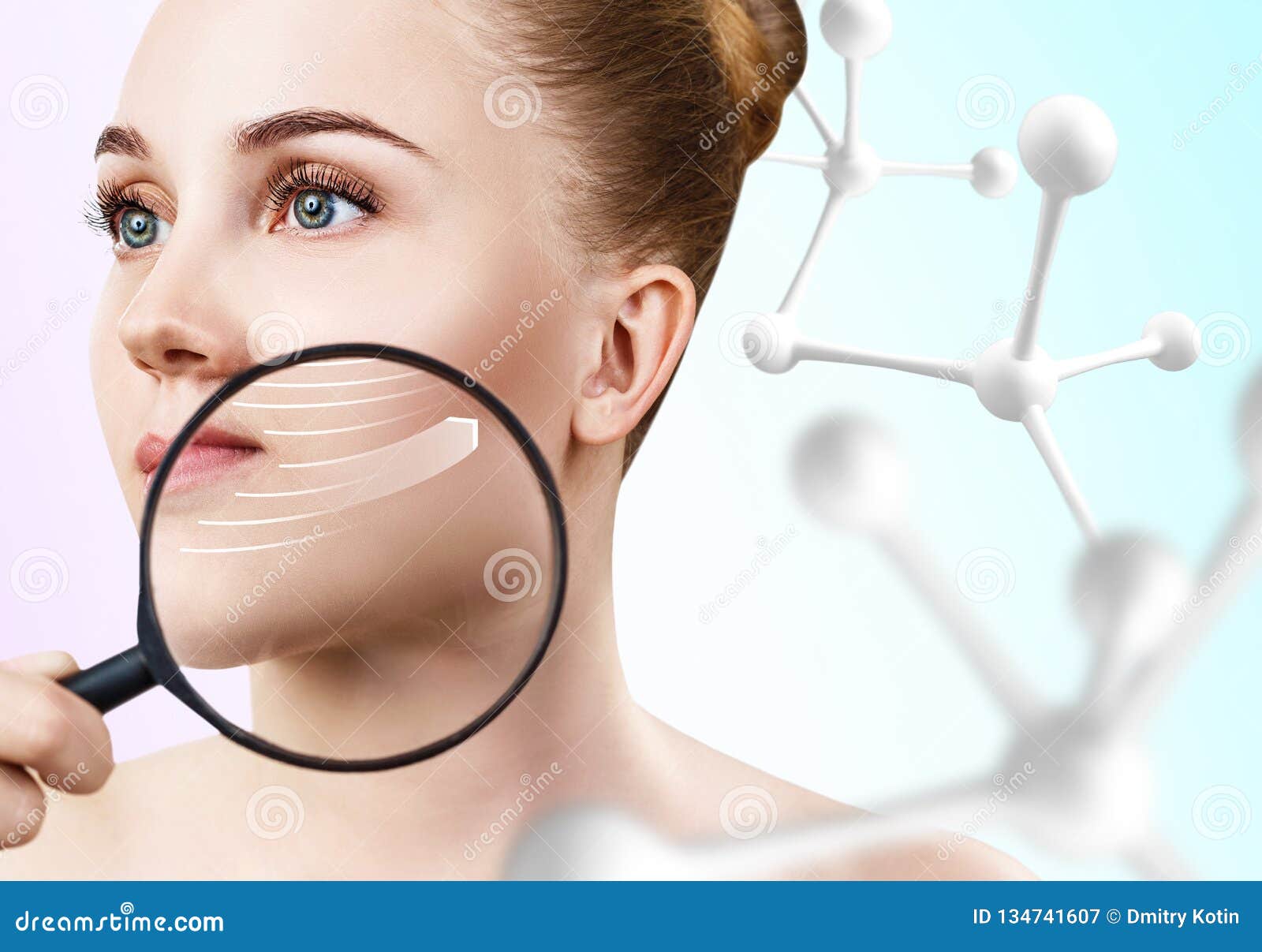 Woman with Magnifying Glass Check Skin with Lifting Arrows. Stock Image ... Woman with Magnifying Glass Check Skin with Lifting Arrows. Stock Image ...