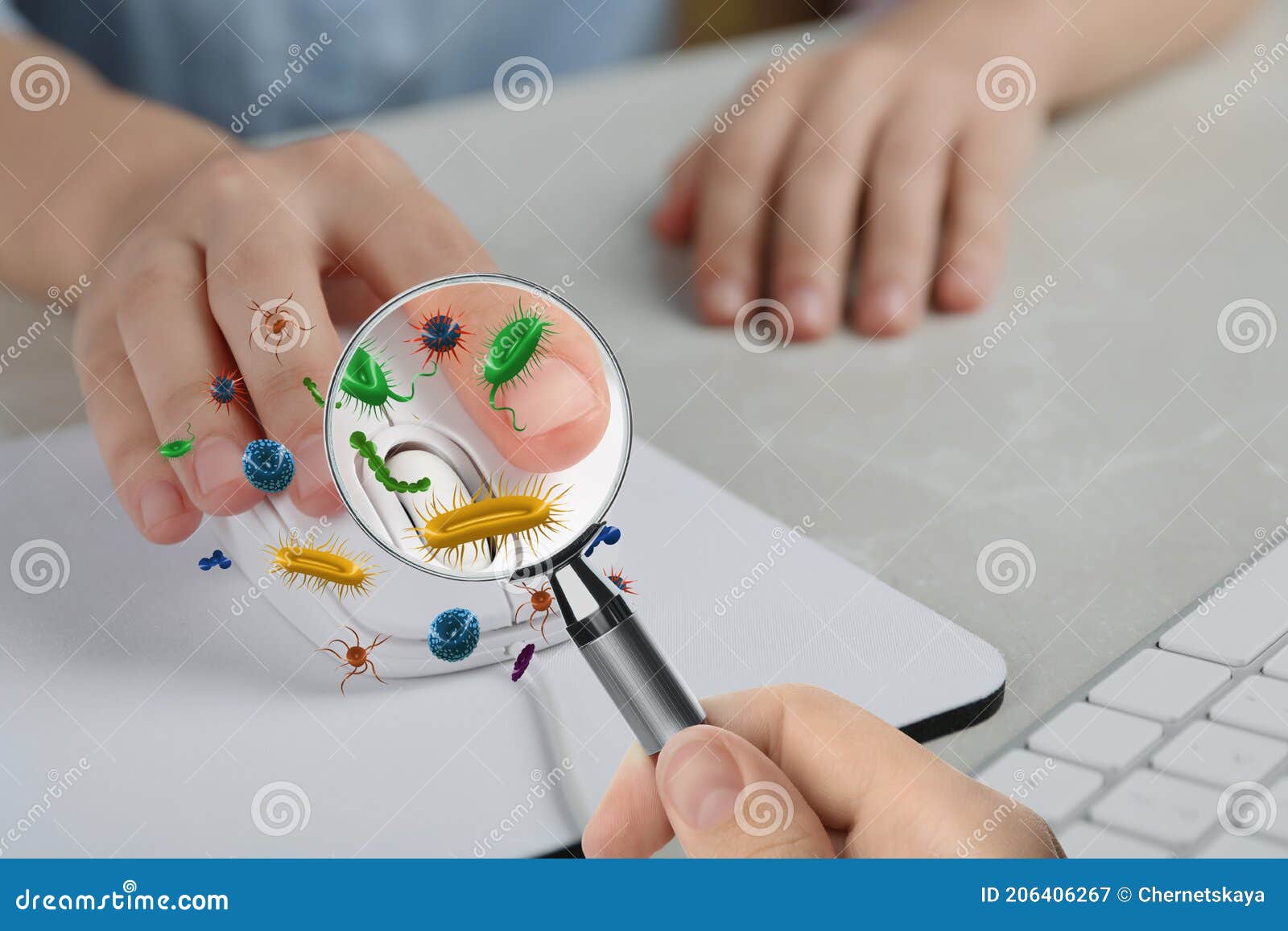 Woman with Magnifying Glass Detecting Microbes on Computer Mouse ...