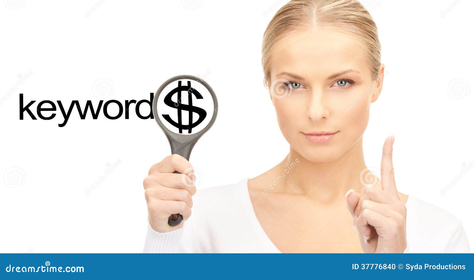 Woman with Magnifying Glass and Keywords Word Stock Photo - Image of ...