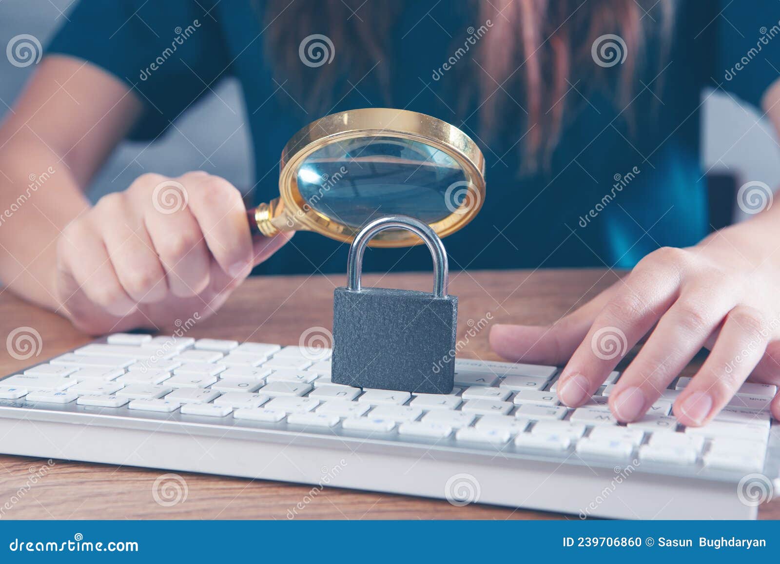 Woman Magnifying Glass Looking At Keyboard With Lock Royalty-Free Stock ...