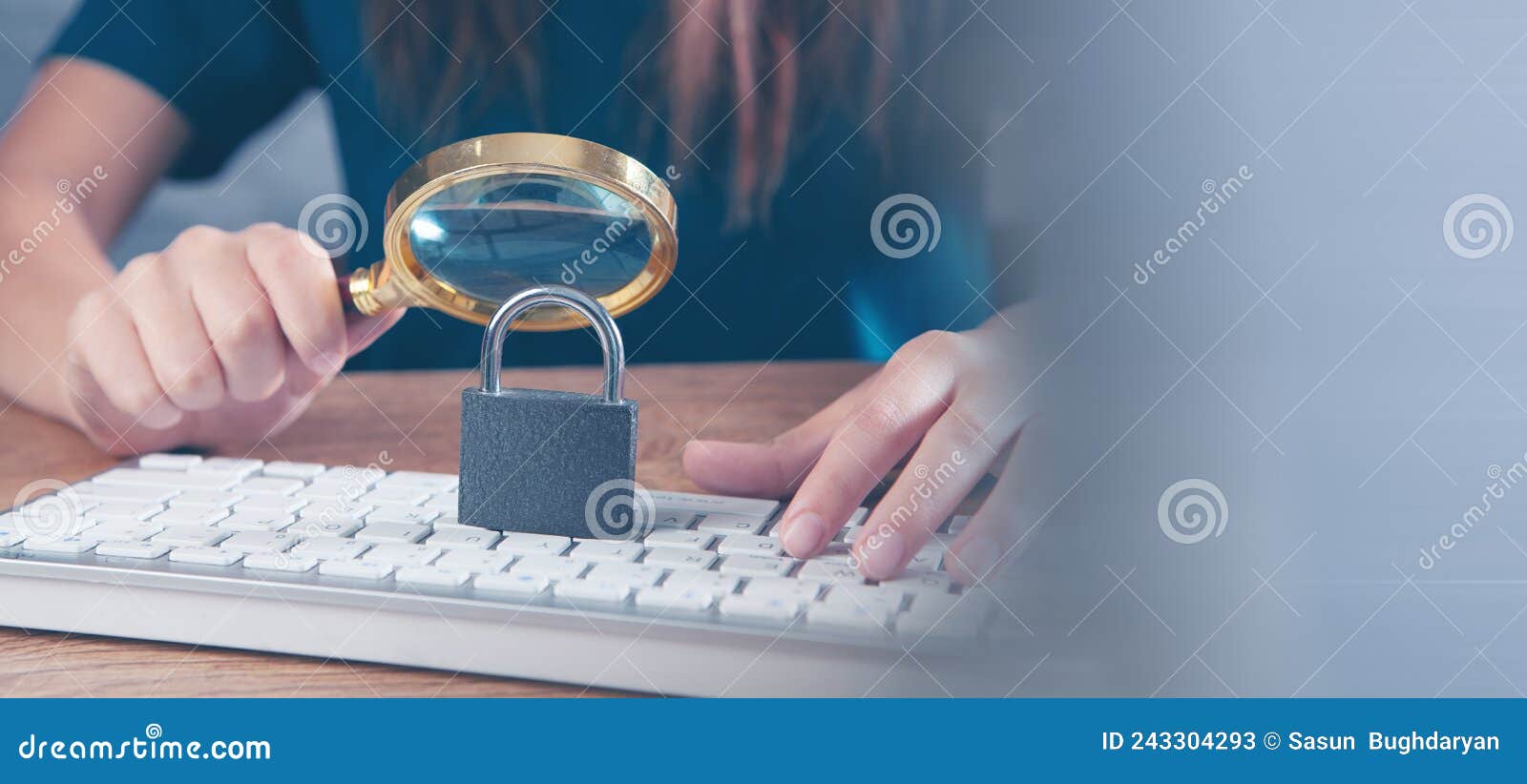 Woman Magnifying Glass Looking At Keyboard With Lock Royalty-Free Stock ...