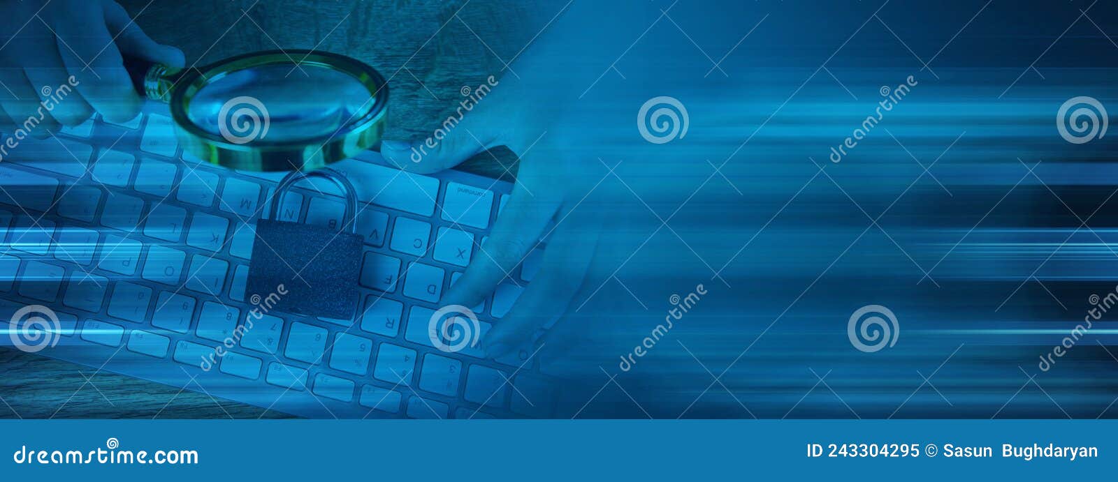Woman Magnifying Glass Looking at Keyboard with Lock Stock Image ...