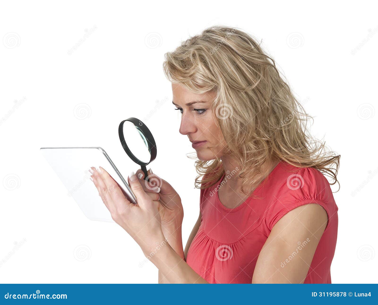Woman with Magnifying Glass and Tablet Pc Stock Photo - Image of ...