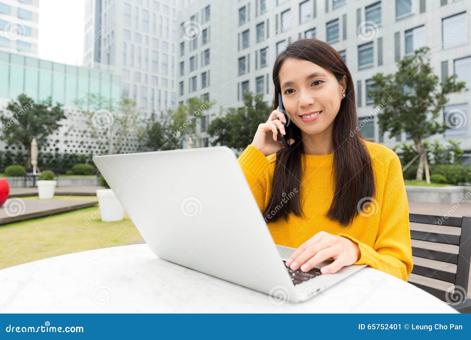 Woman Make Call and Use of the Notebook Computer Stock Image - Image of ...