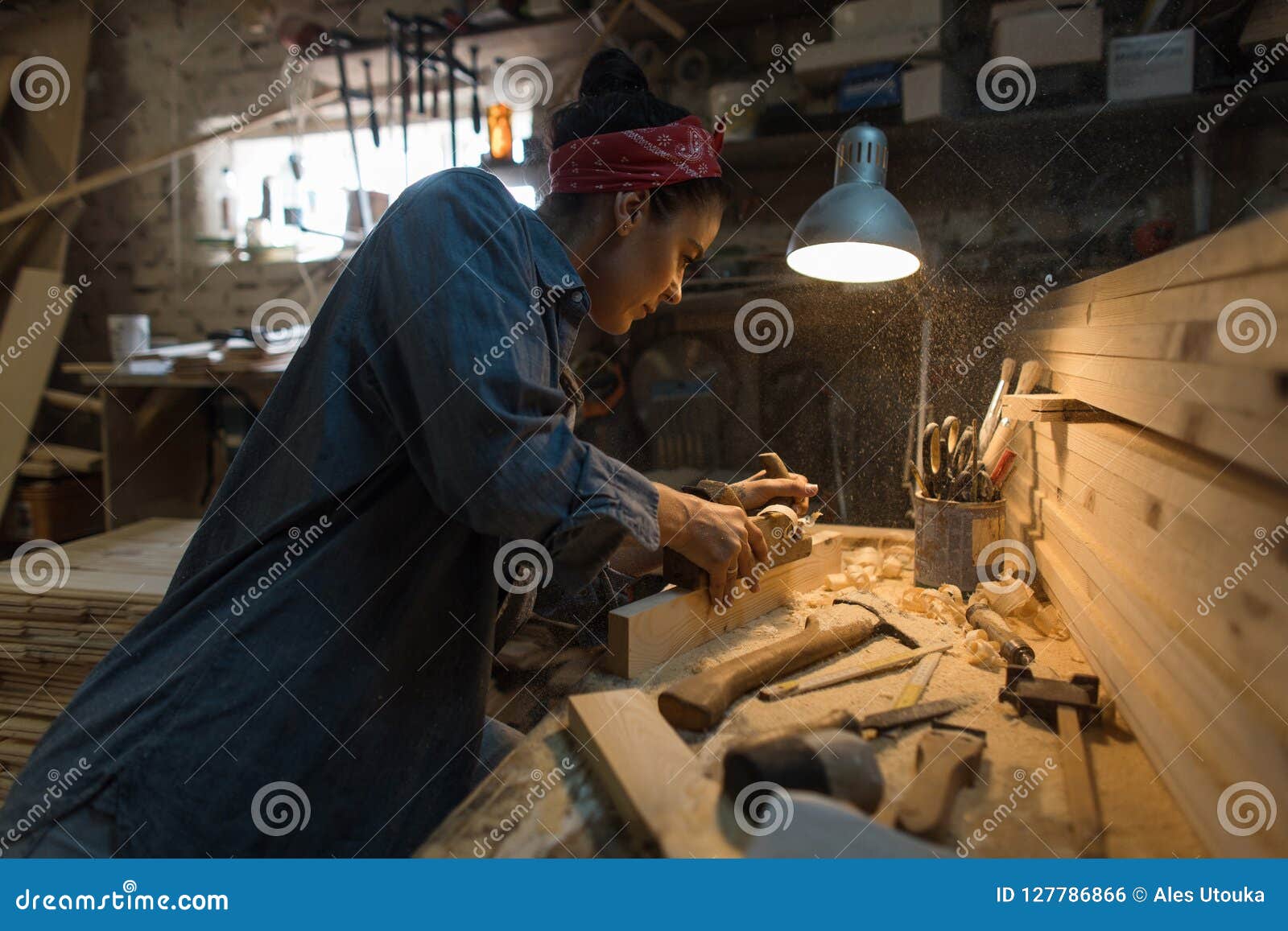 Woman Makes a Work of Wood in the Workshop. Stock Photo - Image of ...