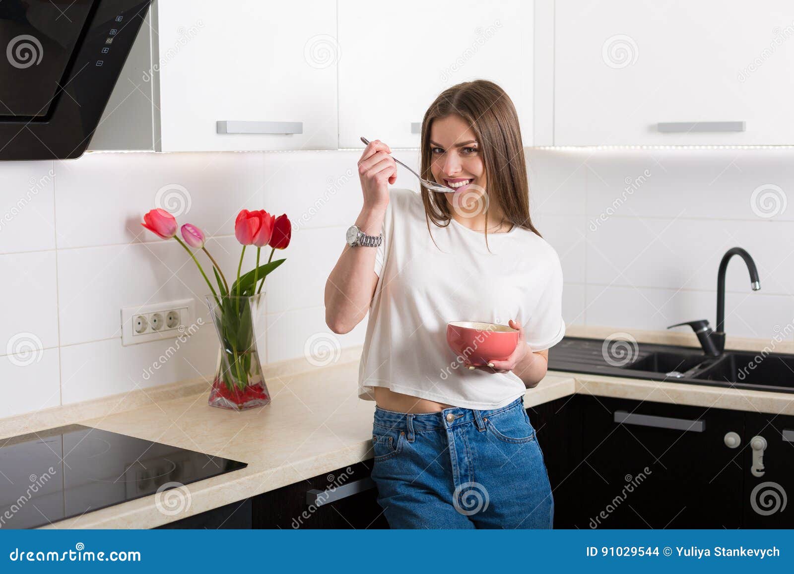 Woman making breakfast stock photo. Image of cereal, brown - 91029544