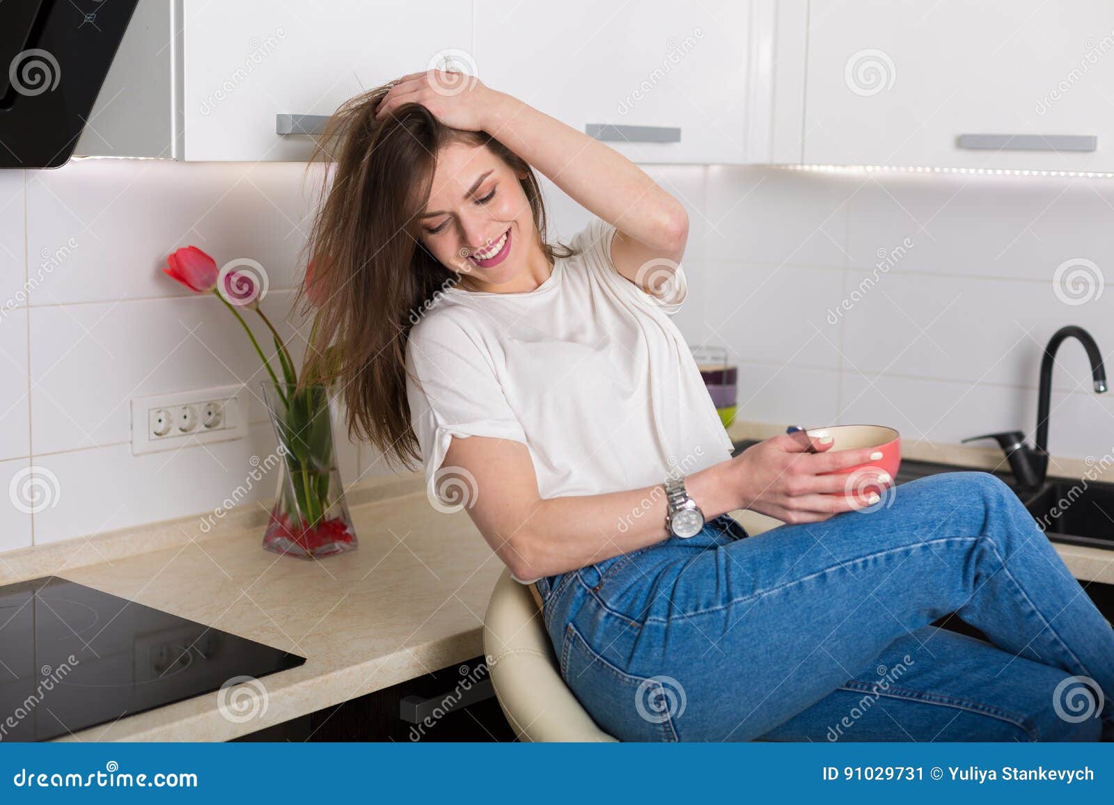Woman making breakfast stock image. Image of clean, cereal - 91029731