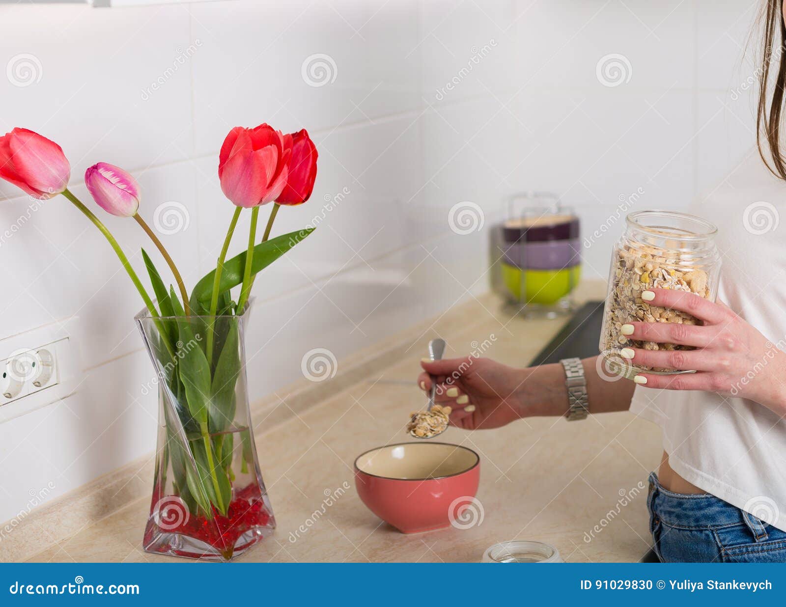 Woman making breakfast stock photo. Image of home, countertop - 91029830