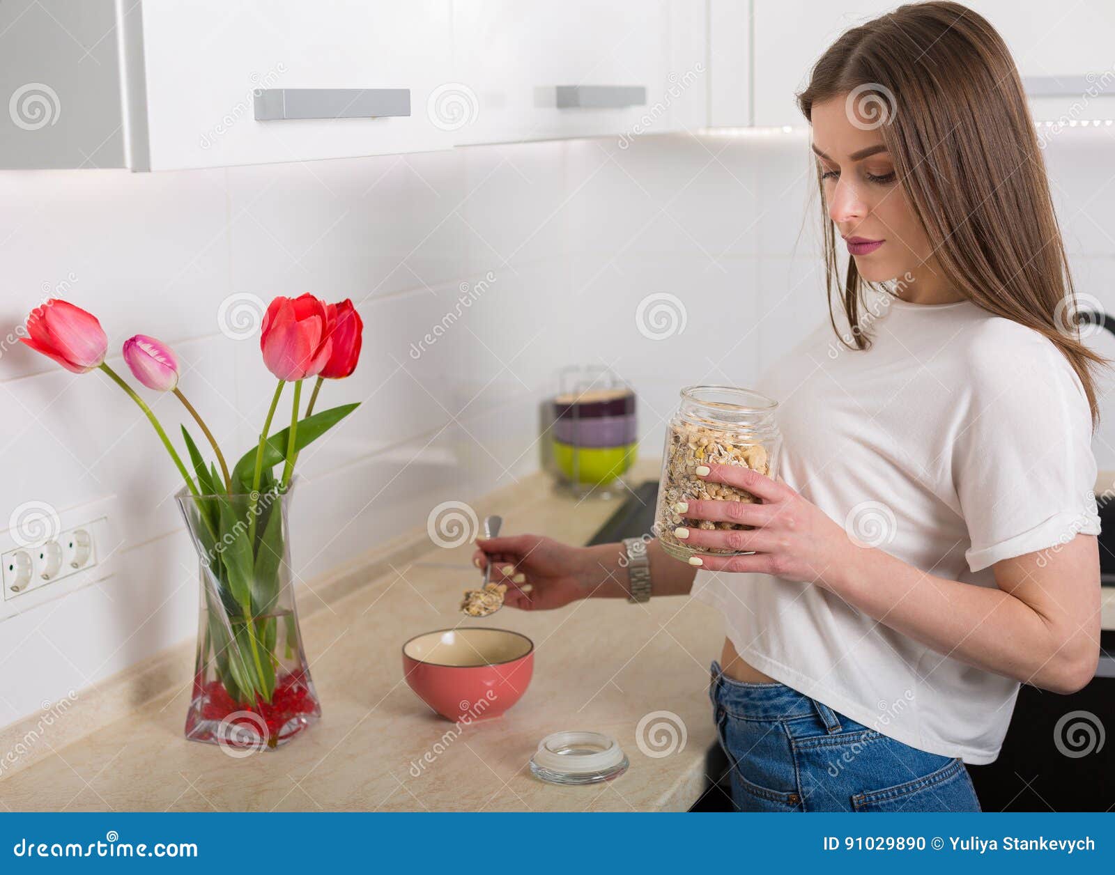 Woman making breakfast stock photo. Image of kitchen - 91029890