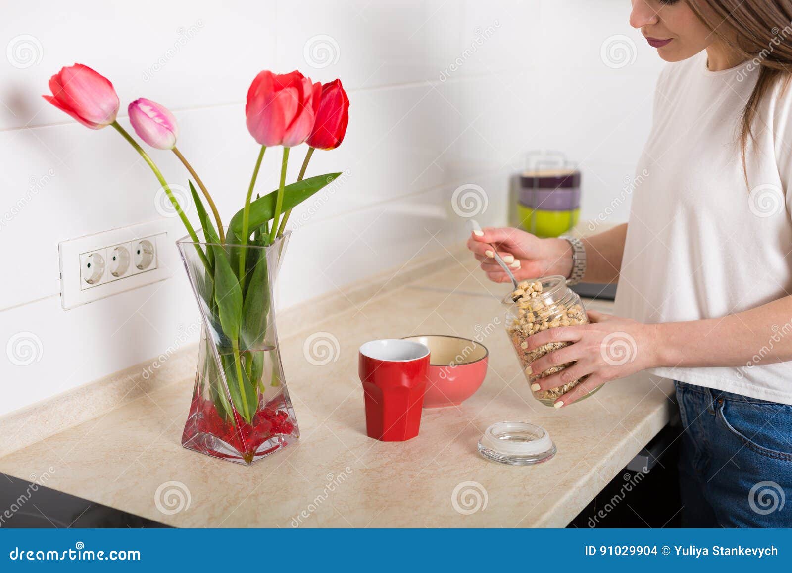 Woman making breakfast stock photo. Image of lifestyle - 91029904