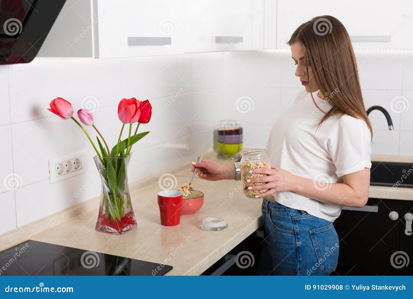 Woman making breakfast stock photo. Image of hipster - 91029908