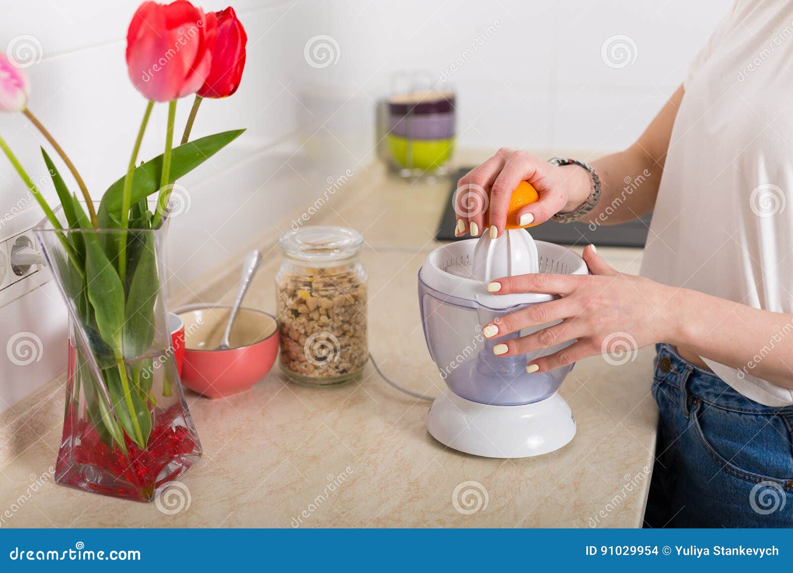 Woman making breakfast stock photo. Image of bowl, apartment - 91029954