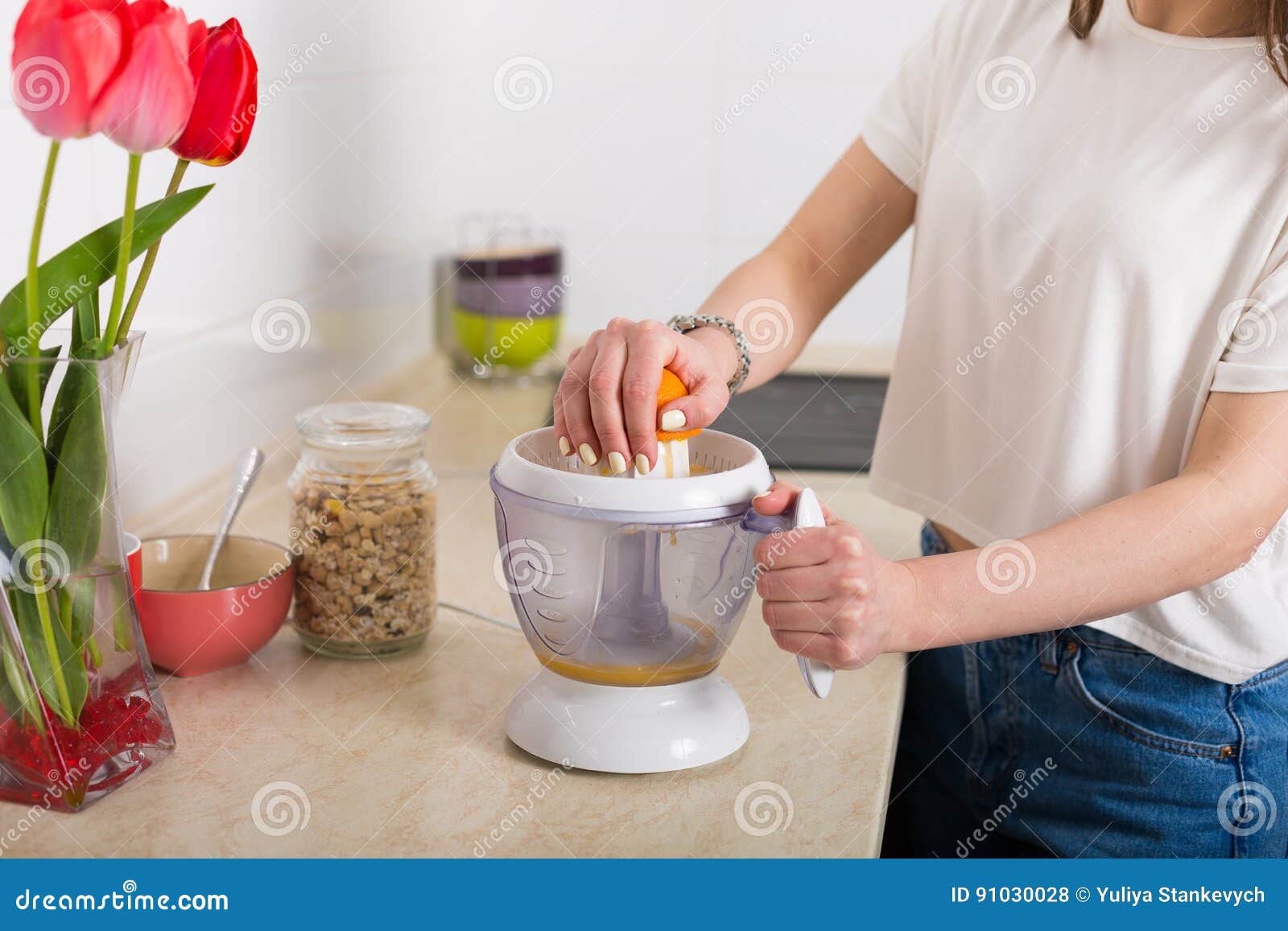 Woman making breakfast stock photo. Image of flowers - 91030028