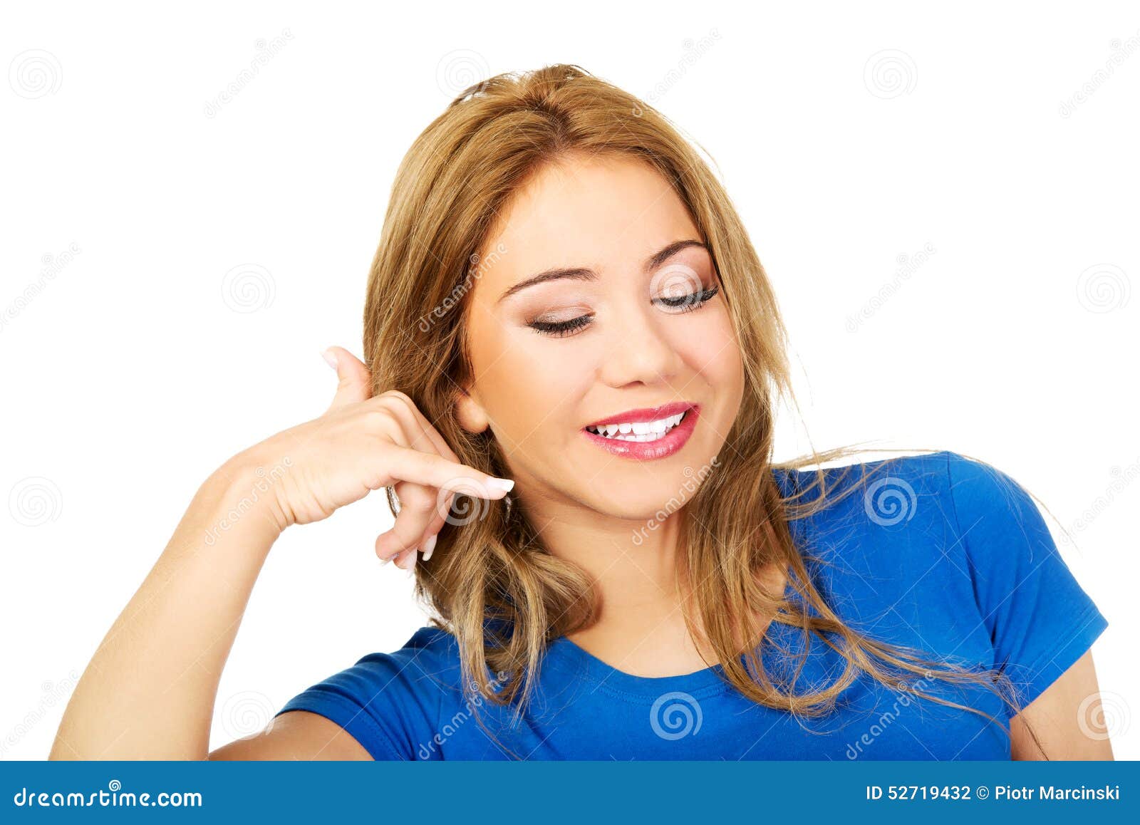 Woman Making a Call Me Sign. Stock Photo - Image of caucasian, portrait ...