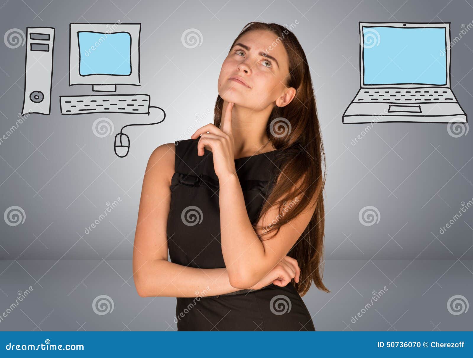 Woman Making Choice between Desktop Computer and Stock Photo - Image of ...