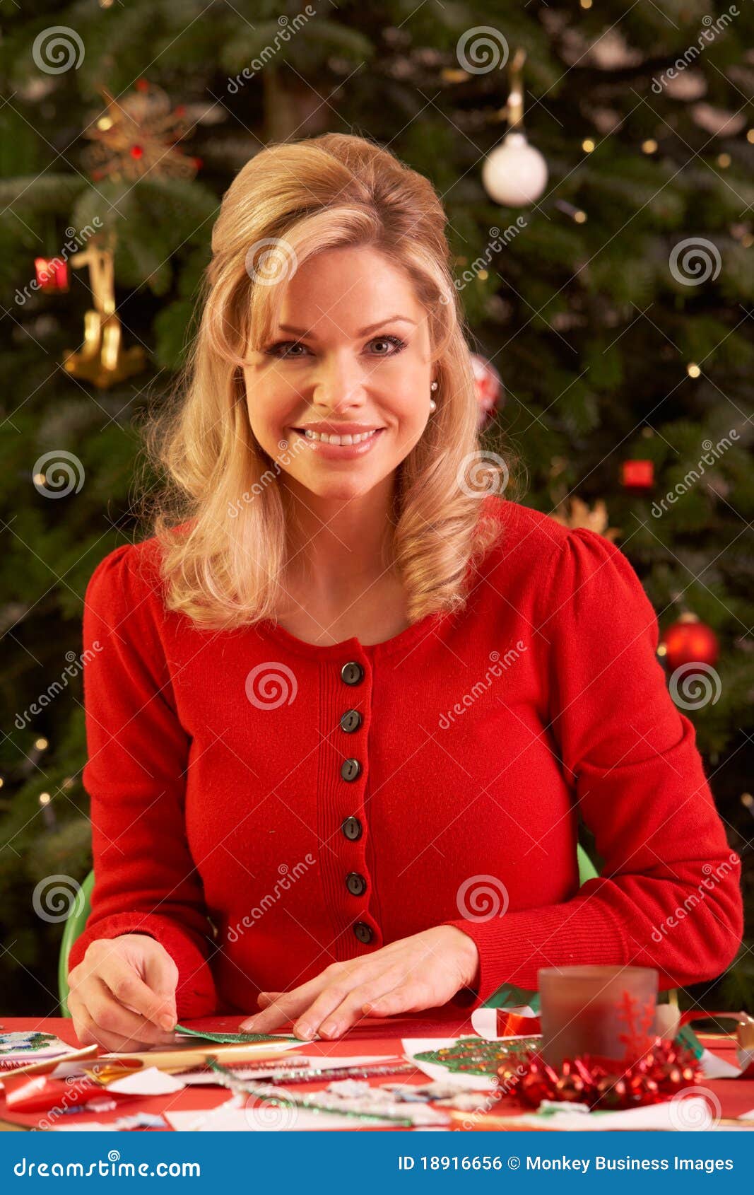Woman Making Christmas Cards at Home Stock Photo - Image of adult ...