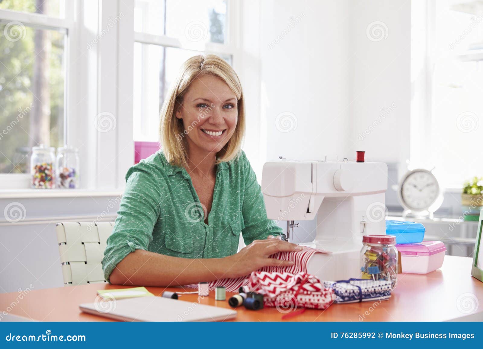Woman Making Clothes Using Sewing Machine at Home Stock Photo - Image ...