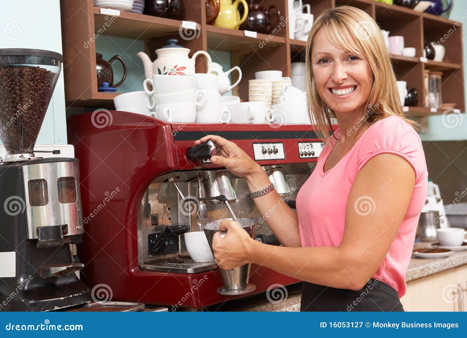 Woman Making Coffee in Cafe Stock Image - Image of worker, portrait ...