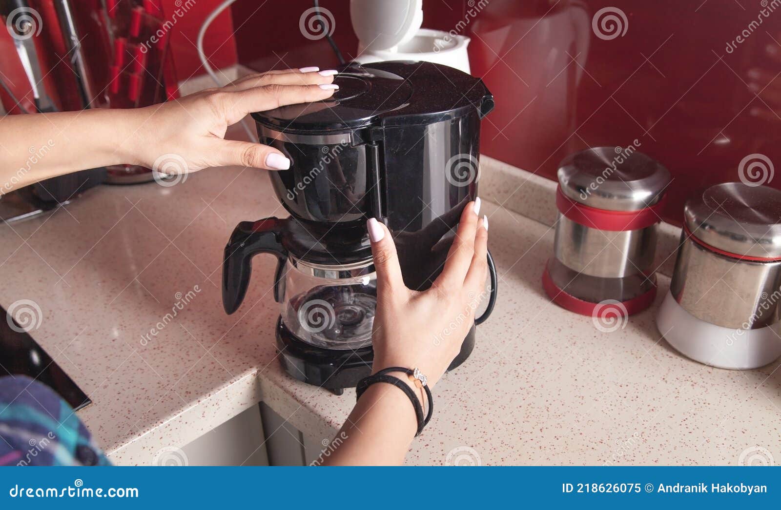 Woman Making Coffee in a Coffee Maker Machine Stock Image - Image of ...