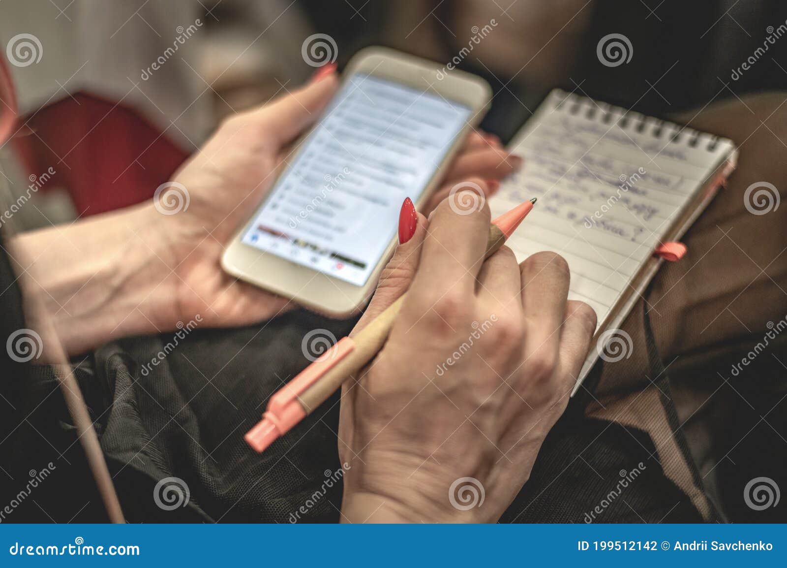 Woman Making Entry into Notepad . Writer Makes a Novel Stock Photo ...