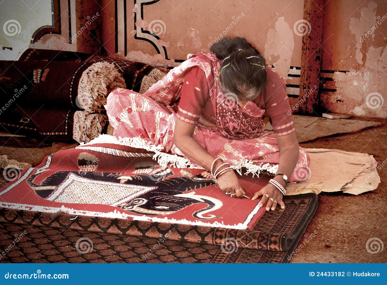 Woman making Indian carpet editorial photography. Image of fabric ...