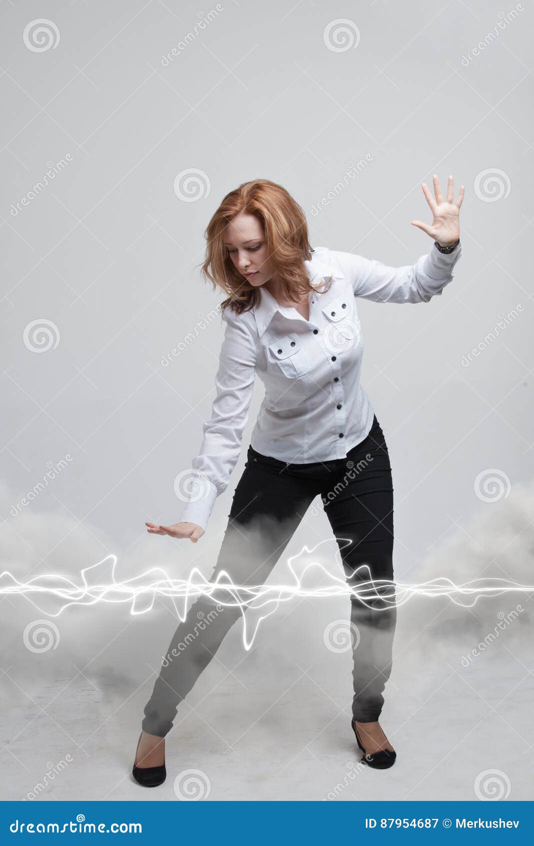 Woman Making Magic Effect - Flash Lightning. the Concept of Electricity ...