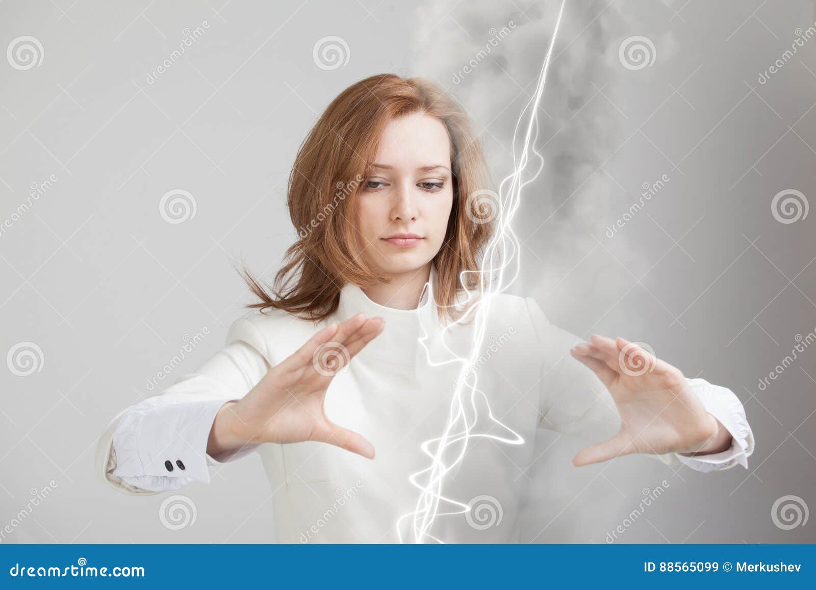 Woman Making Magic Effect - Flash Lightning. the Concept of Electricity ...