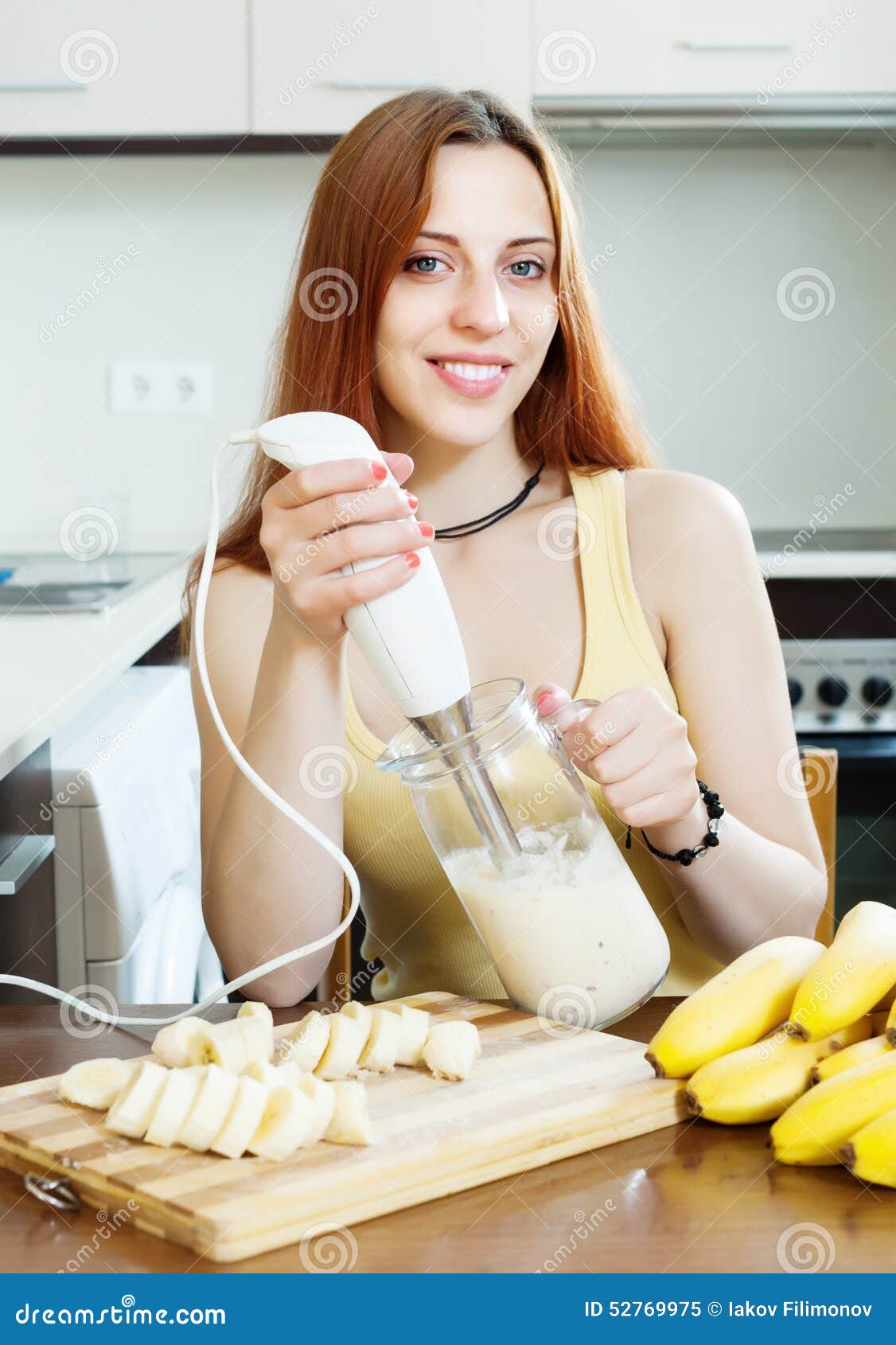 Woman Making Milk Shake with Bananas Stock Image - Image of smiling ...