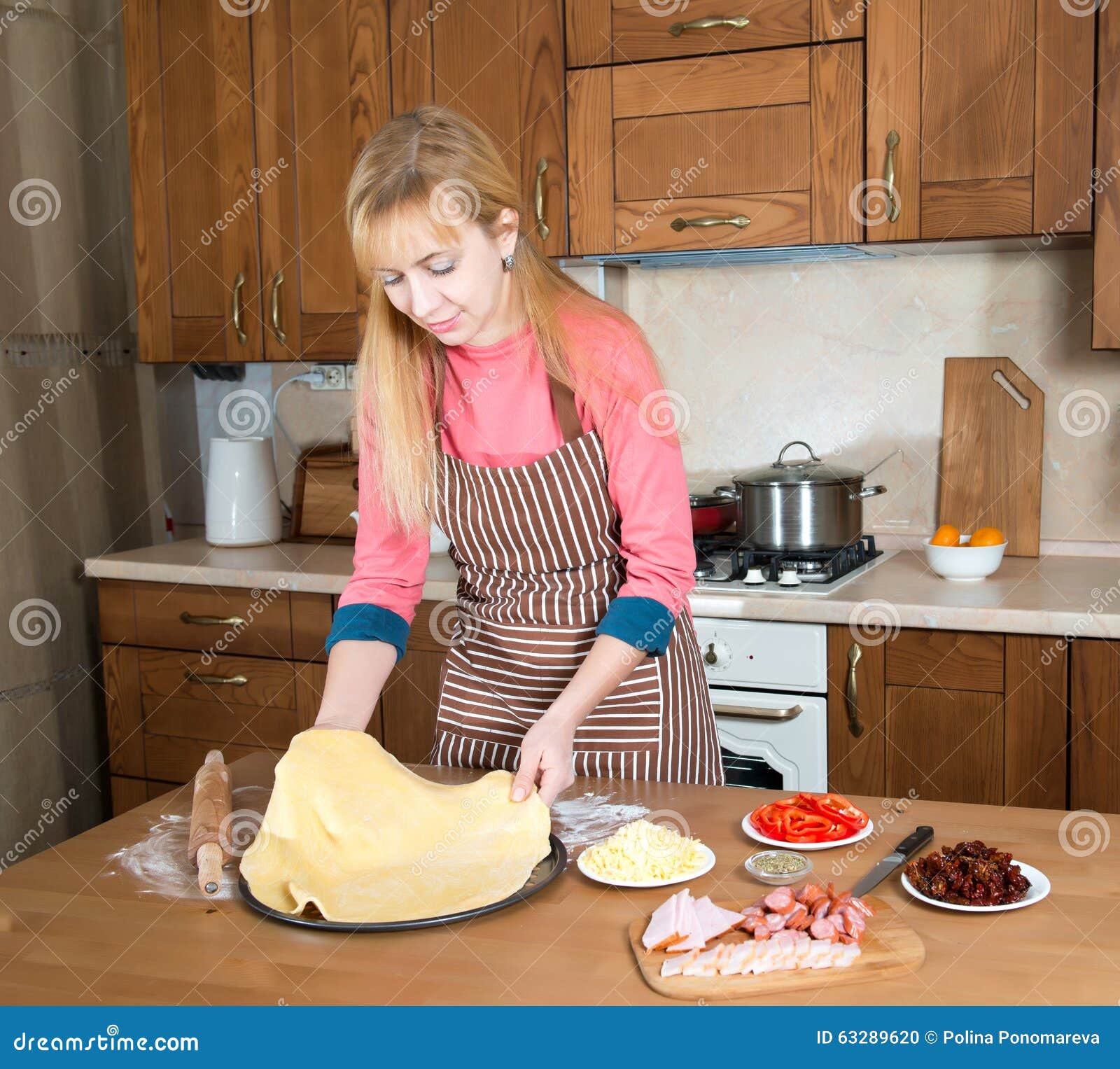 Woman Making Pizza at Home Kitchen. Stock Photo - Image of homemade ...